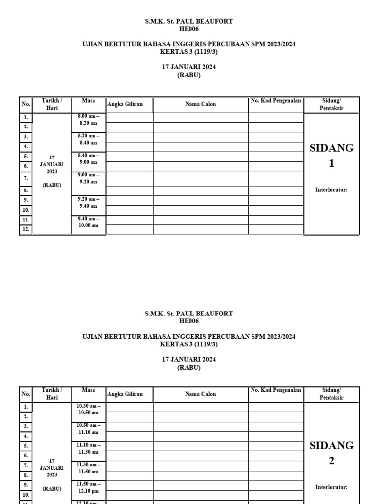 Sample Jadual Ujian Bertutur Bi | PDF