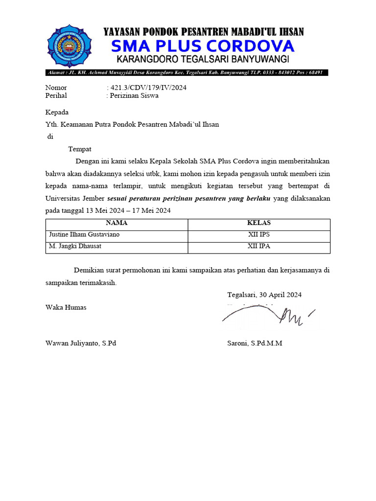 Surat Izin SEKOLAH KE PONDOK | PDF