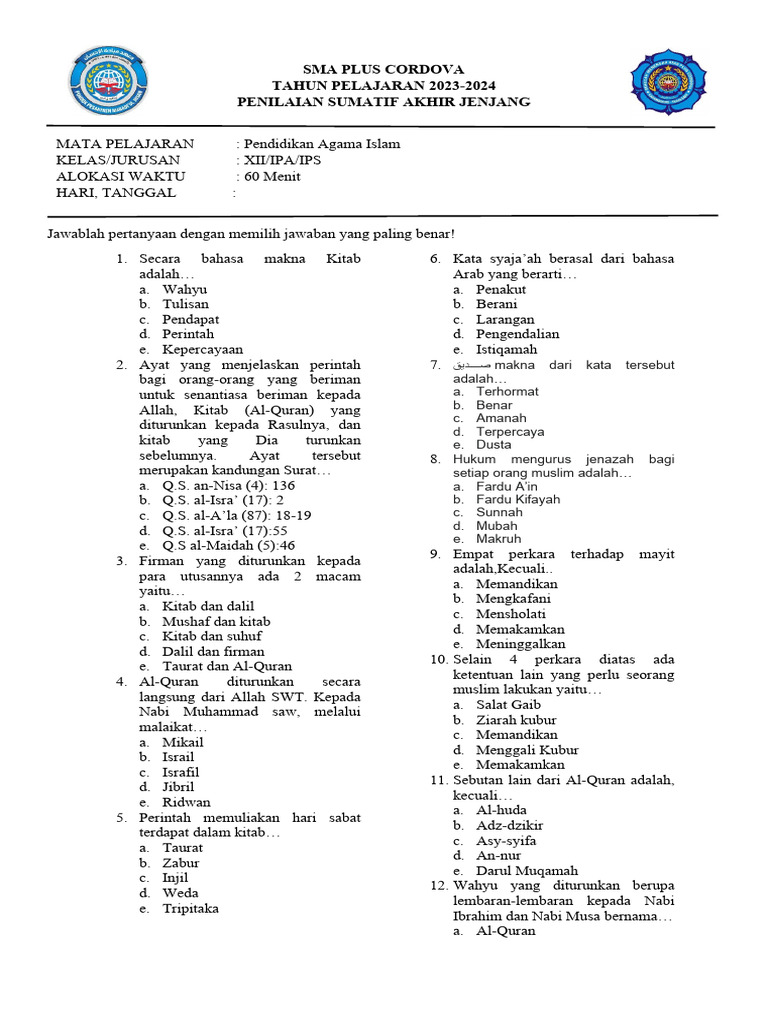 Soal Psaj Pai Kelas Xii | PDF