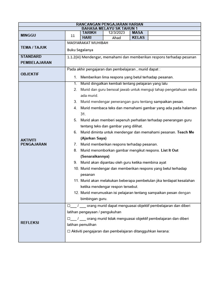 RPH Ringkas Minggu 11 BM SK THN 1 2023 by Cikgu Gorgeous | PDF