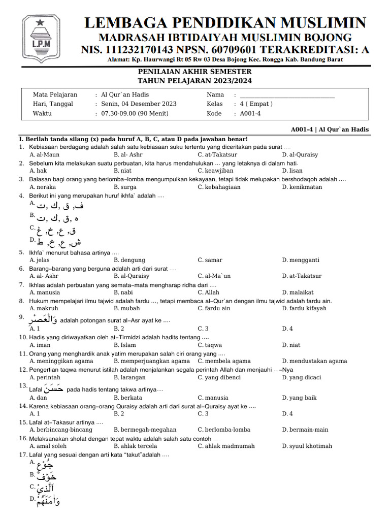 Soal - TP. 2023 - 2024 - A001-4 - Al Qur'an Hadis - Kelas 4 - Madrasah Ibtidaiyah Muslimin ...