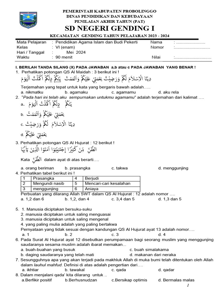 PAT Pendidikan Agama Islam SD Gending | PDF | Karier & Perkembangan | Kajian Bahasa Asing