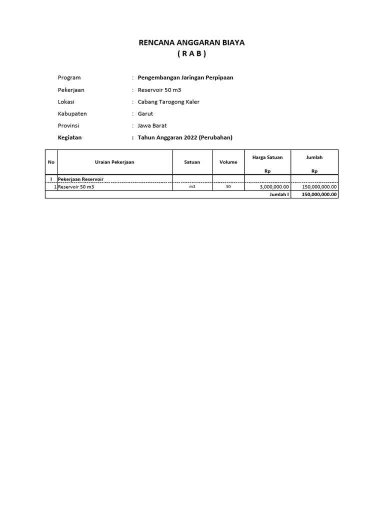 RAB Pengembangan Reservoir 50 m3 Garut | PDF