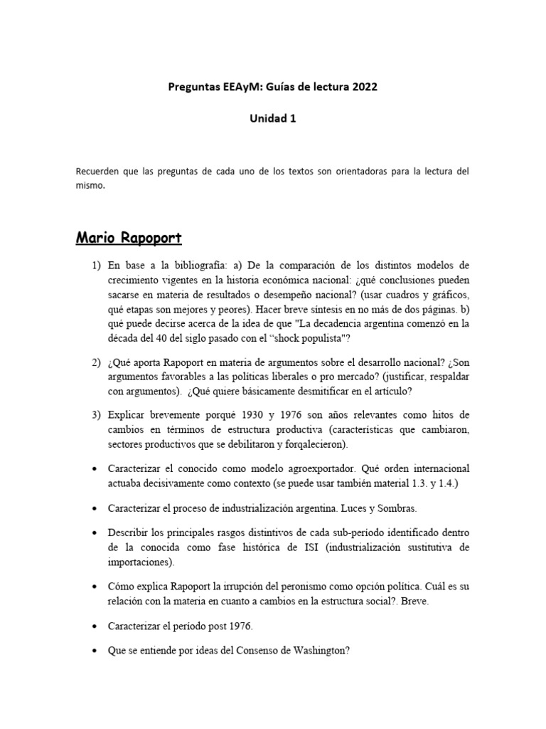 Guia de Lectura Unidad 1 (2022) Estructuras Económicas UNM | PDF | Argentina | Economias