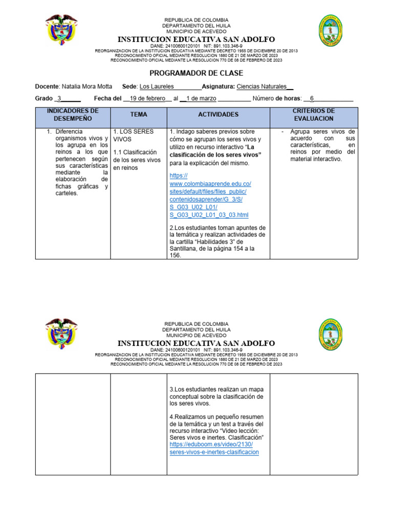 Programador de Clase Ciencias Naturales Grado Tercero Natalia Mora Motta | PDF