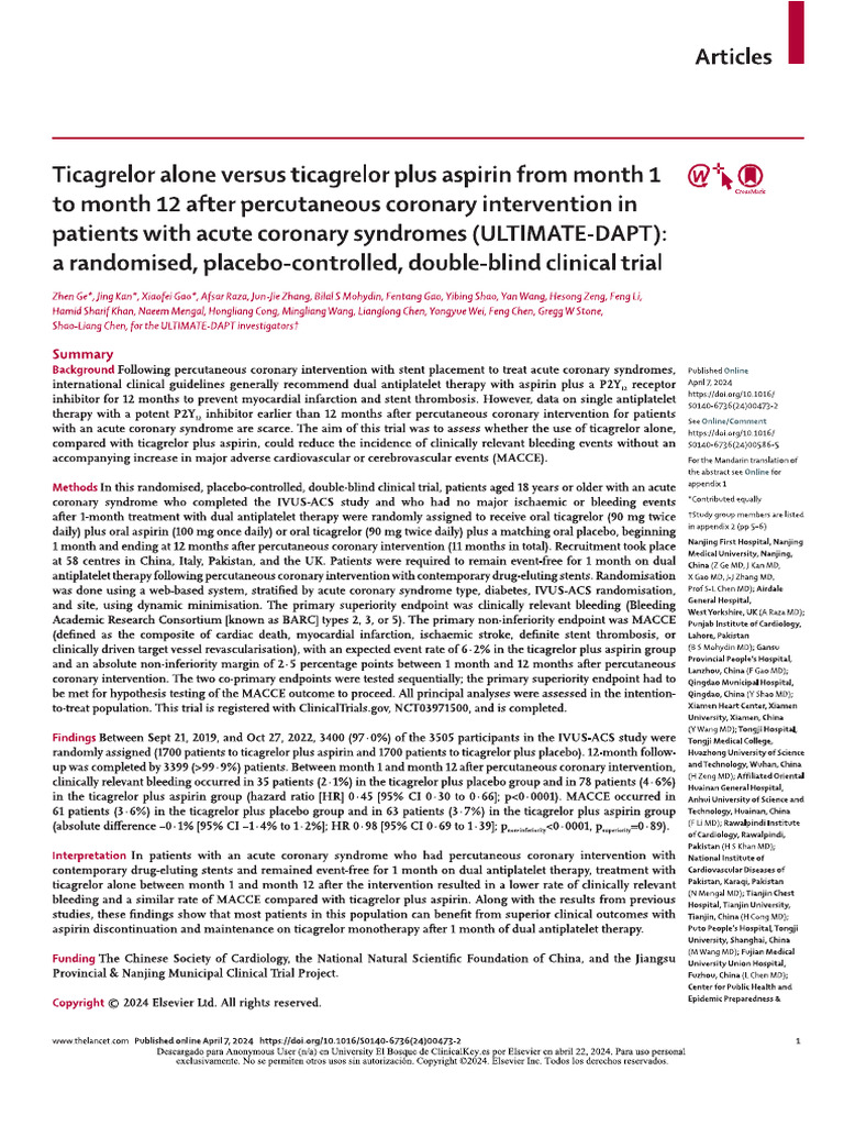 Ticagrelor Alone Versis Ticagrelor Plus | PDF