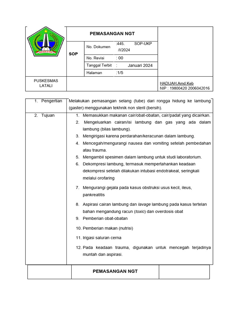 SOP Pemasangan NGT | PDF