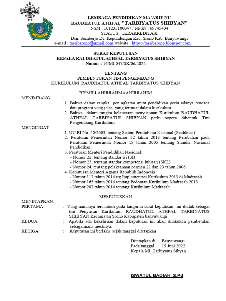 Pembentukan Tim Kurikulum RA 2022 | PDF