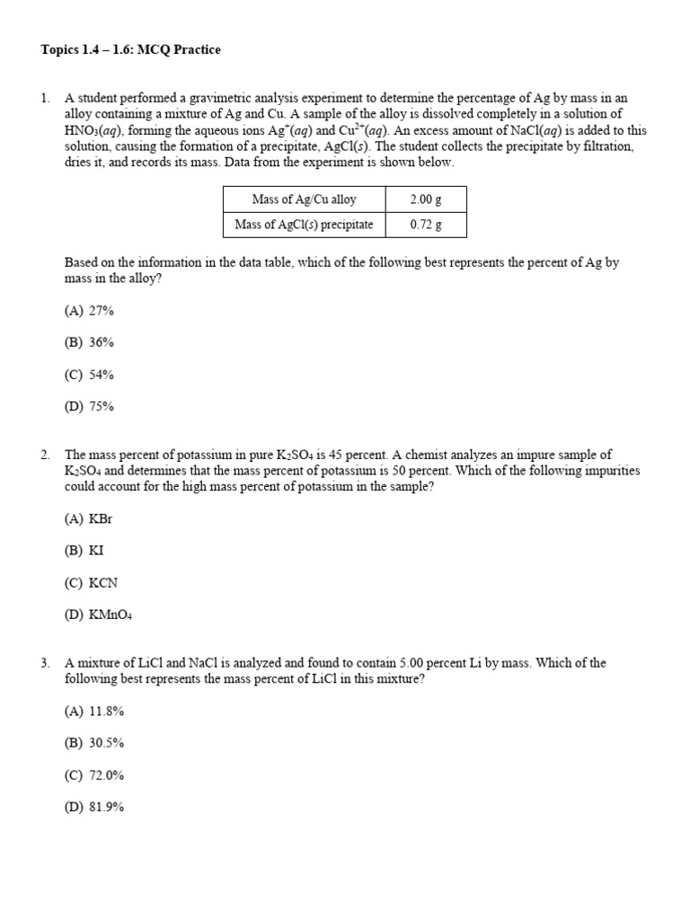 MCQ Practice: Gravimetric Analysis & Electron Configurations | PDF ...