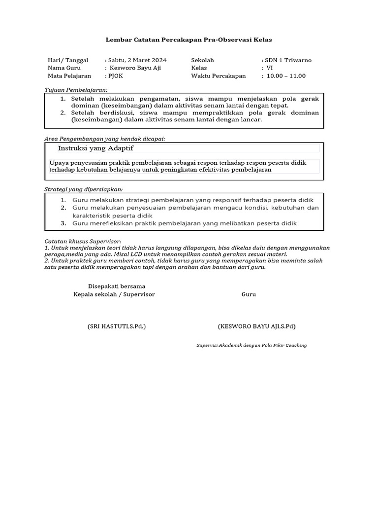 1 - Lembar Catatan Percakapan Pra-Observasi Kelas | PDF