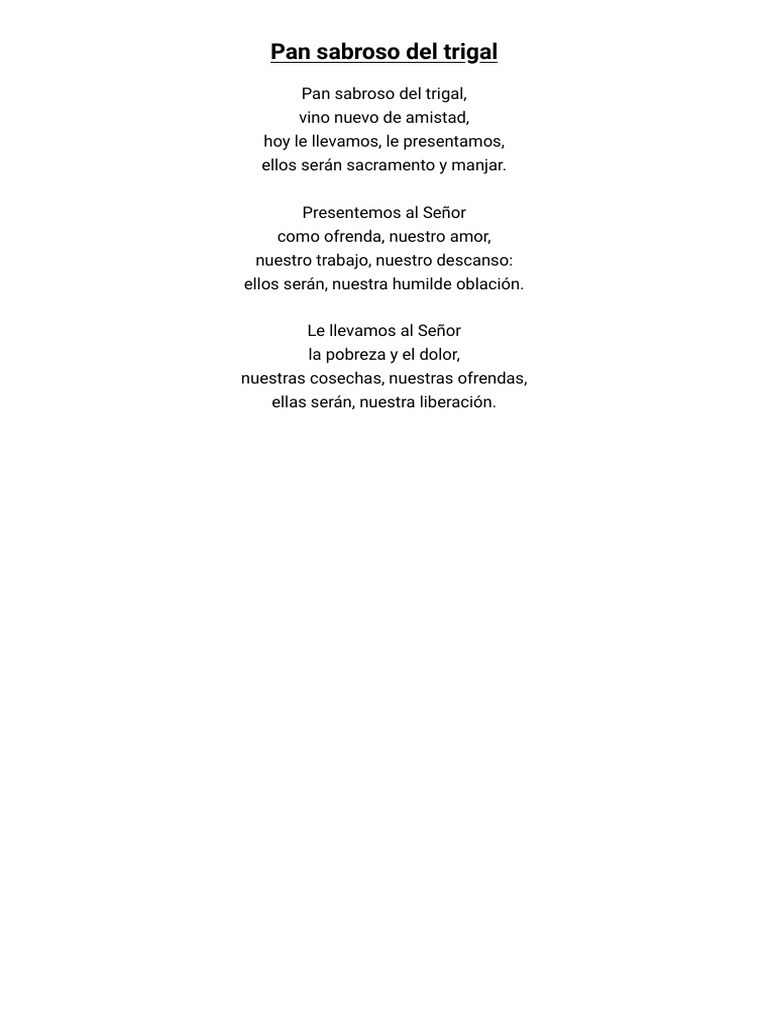 Letra de Pan Sabroso Del Trigal. Coro Parroquial de Esteiro | PDF