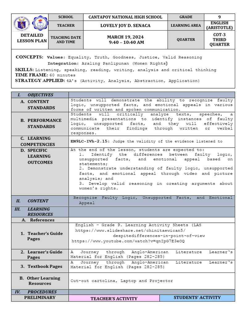 Lovely 4As Lesson Plan - COT 3 | PDF | Fallacy | Argument