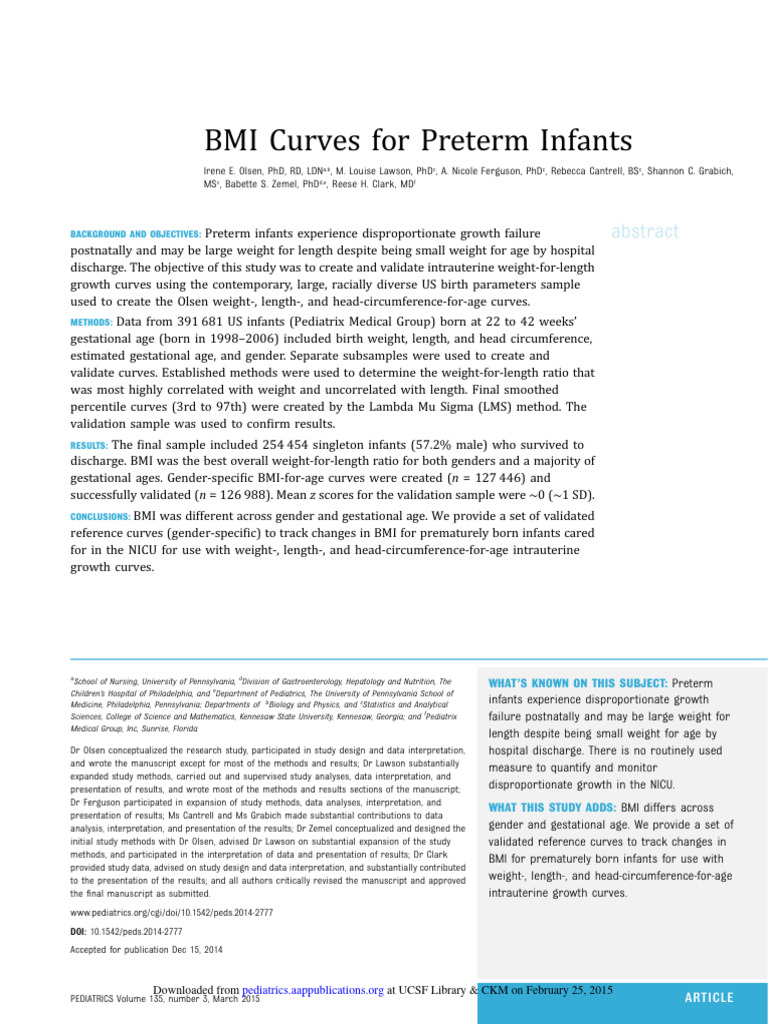 BMI Curves For Preterm Infants | PDF | Preterm Birth | Body Mass Index