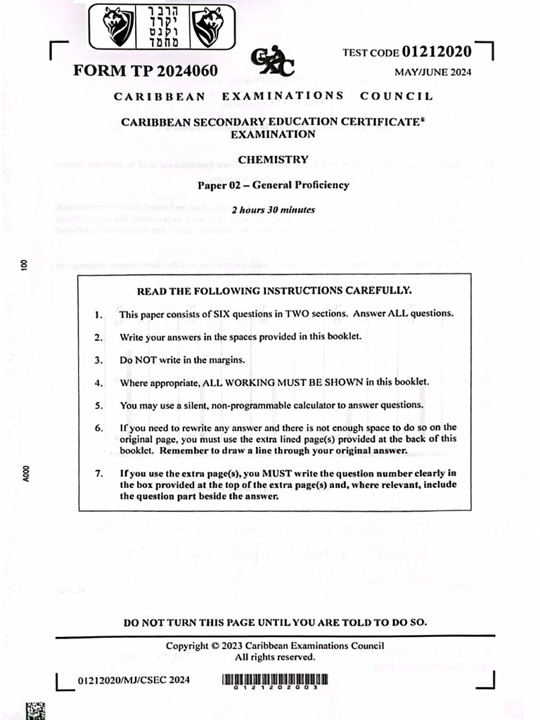 CSEC Chemistry Paper 2 May 2024 Solutions | PDF