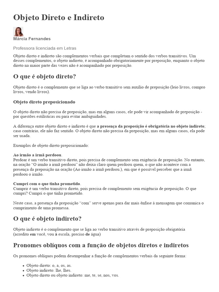 Objeto Direto e Indireto | PDF | Objeto (gramática) | Linguística