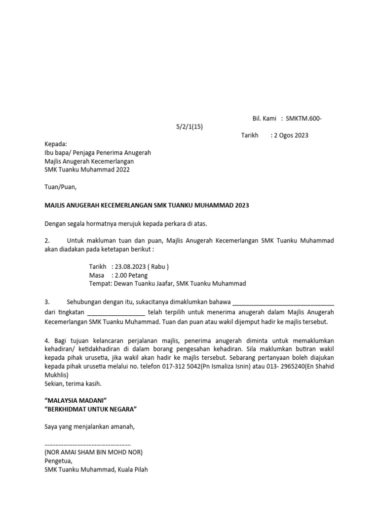 Surat Jemputan PENERIMA ANUGERAH | PDF