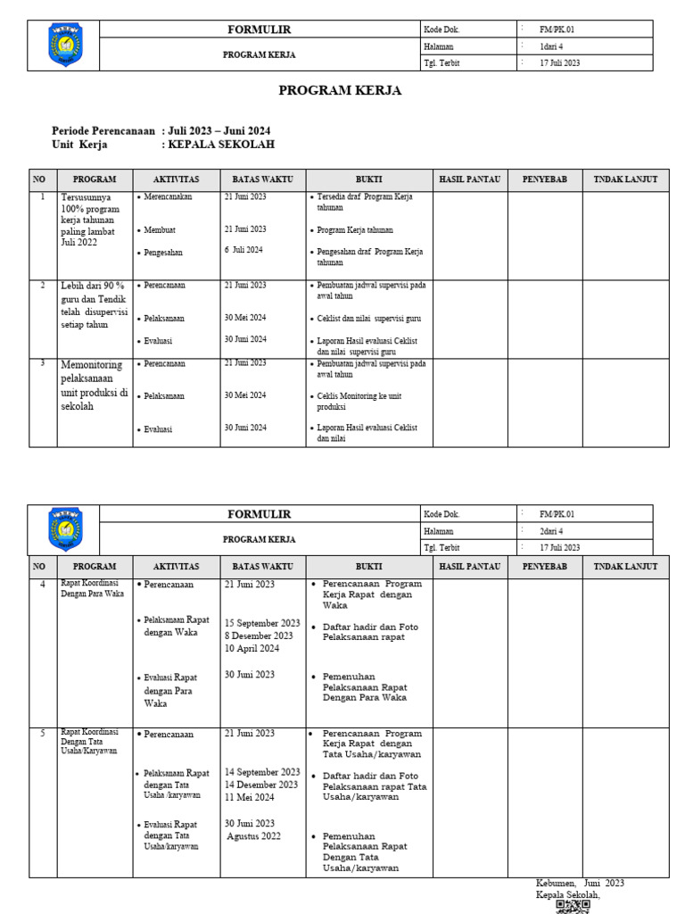 FO 6_Program Kerja 2023-2024 kepala sekolah | PDF