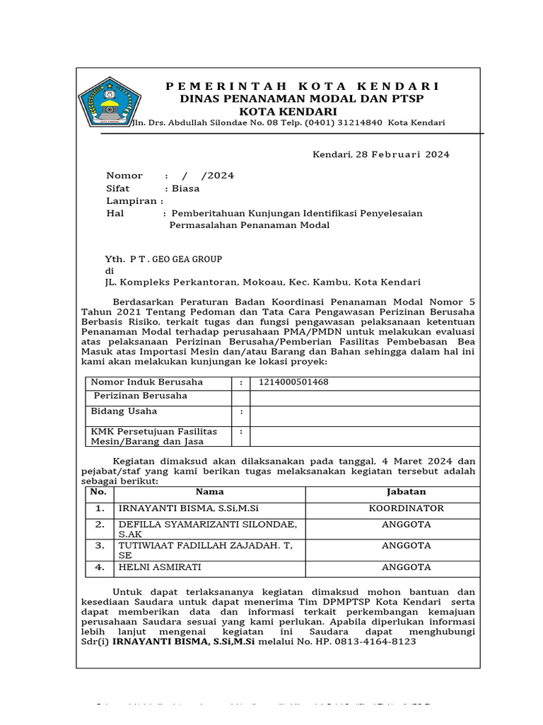 Kunjungan Identifikasi Penanaman Modal Kendari | PDF