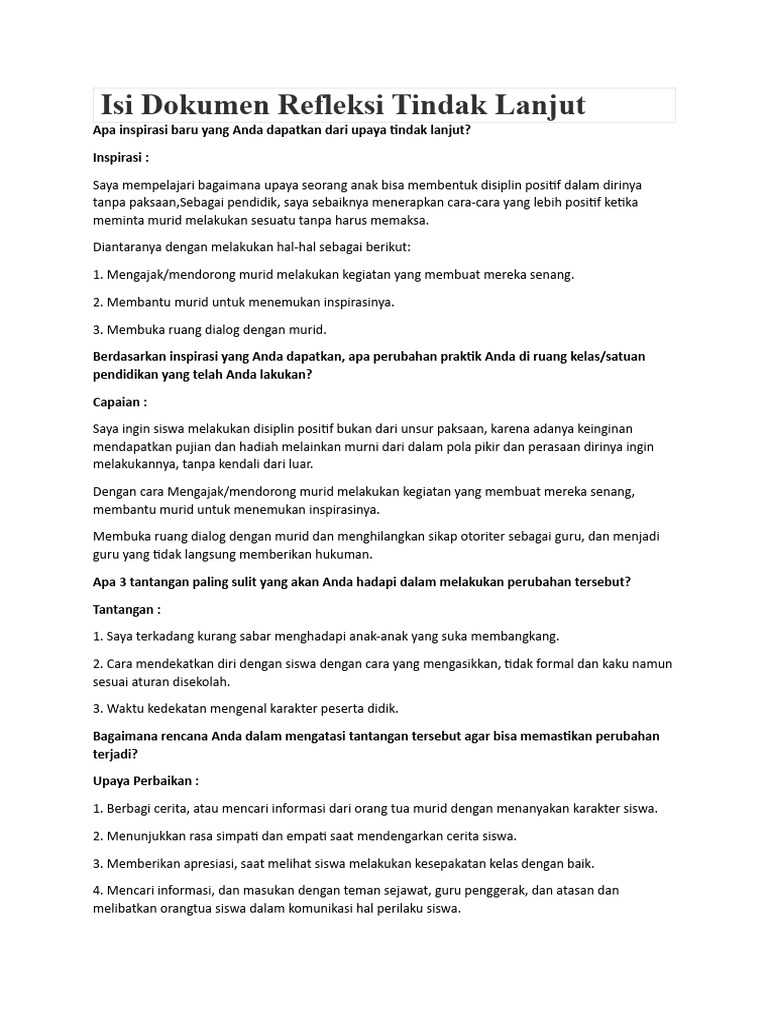 Refleksi Tindak Lanjut Observasi Kelas | PDF | Karier & Perkembangan