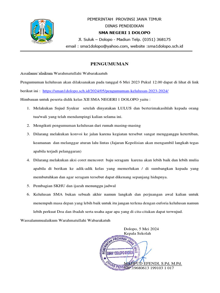 Pengumuman Kelulusan SMA Dolopo 2024 | PDF