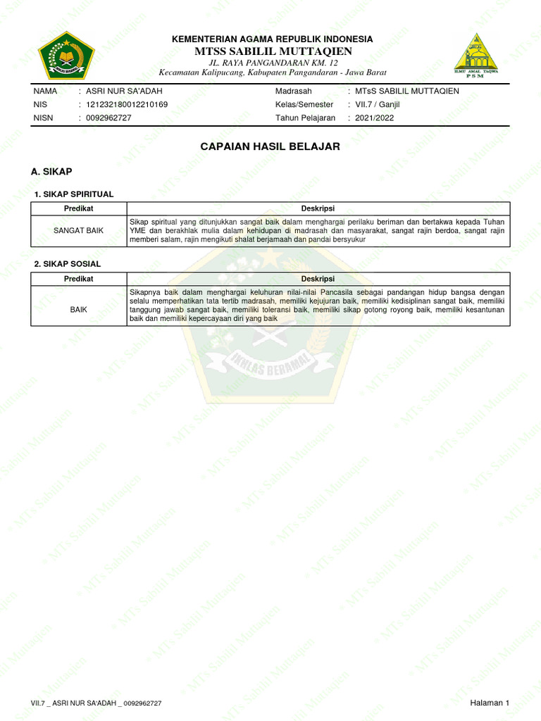 Rapor VII.7 - ASRI NUR SAADAH - 0092962727 | PDF
