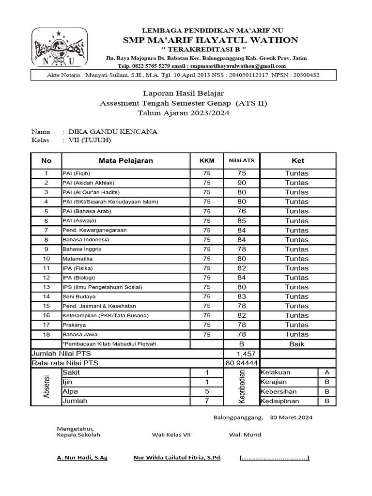 Format Excel Rapor Pts SMP Kelas 7 Genap 2324 | PDF