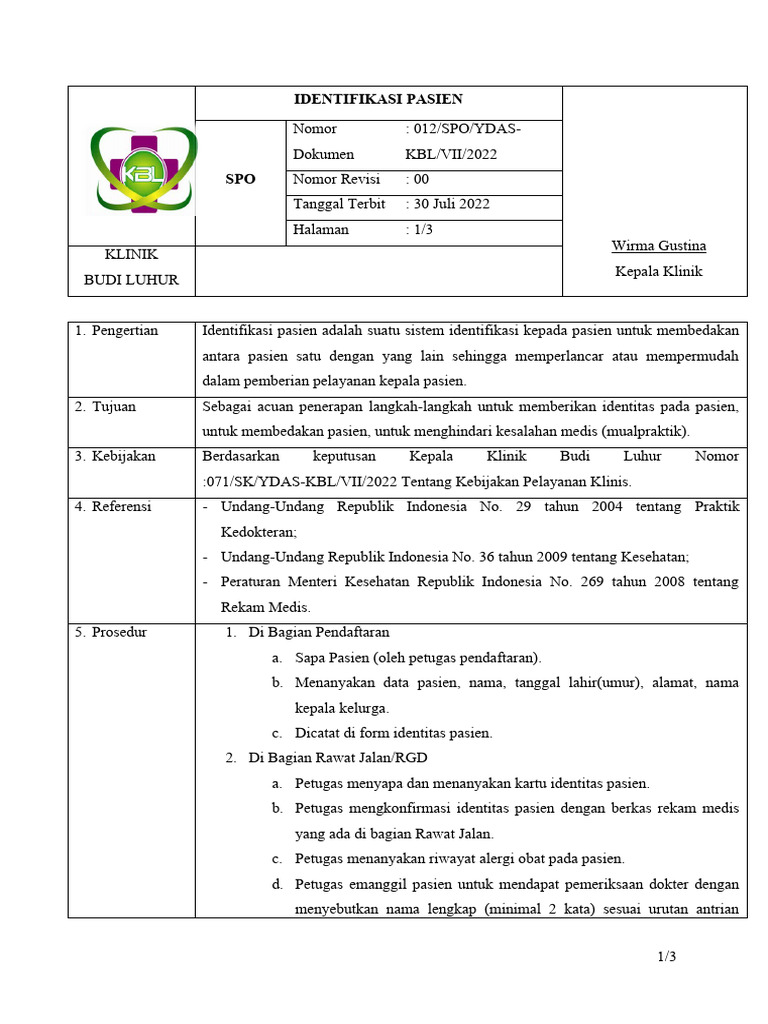 2.1.1 Ep 7 Sop Identifikasi Pasien Terbaru | PDF