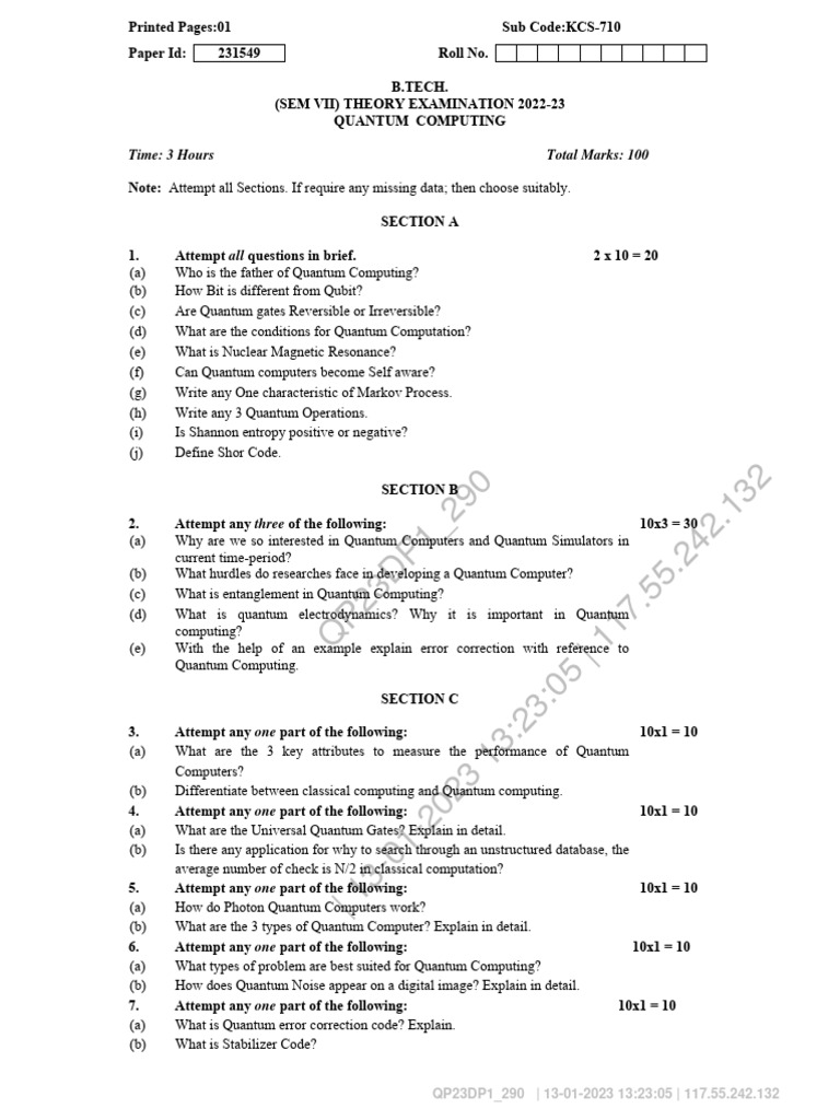 Btech Cs 7 Sem Quantum Computing Kcs710 2023 | PDF | Quantum Computing | Computing