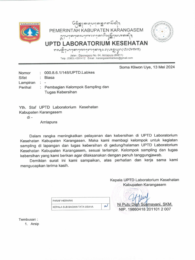 Surat Pembagian Kelompok Sampling Dan Tugas Kebersihan | PDF