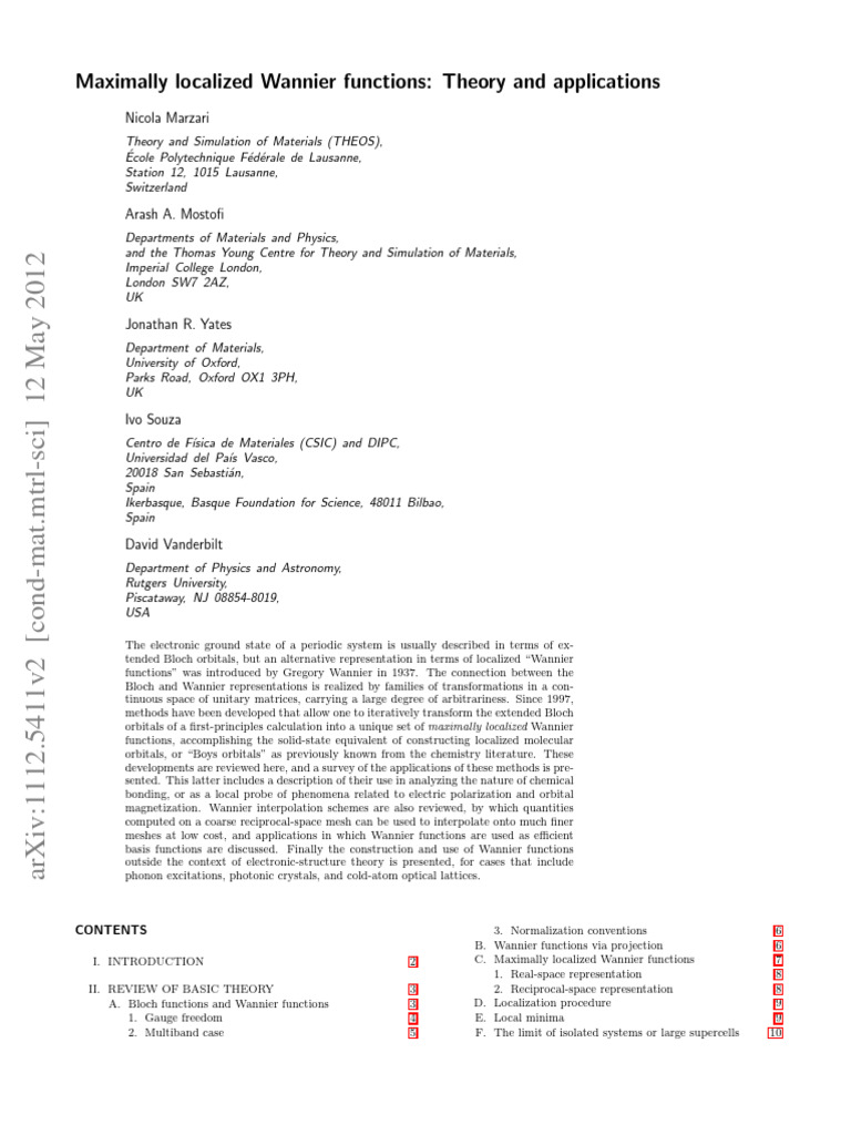 Maximally Localized Wannier Functions Theory and Applications | PDF ...