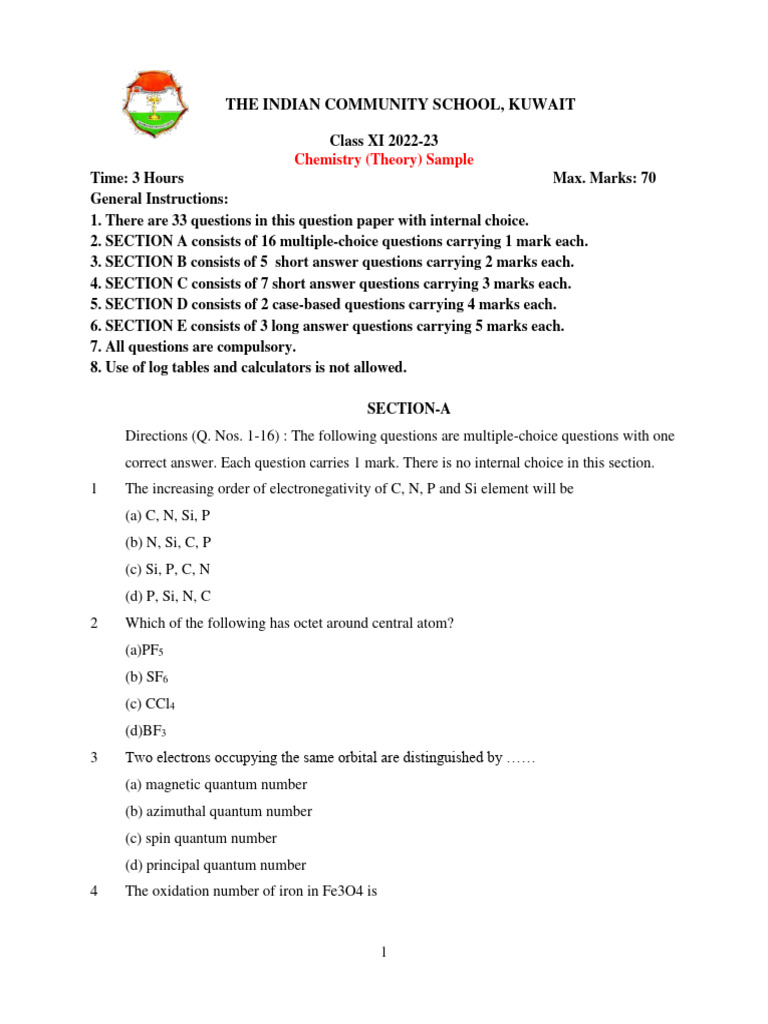 SAMPLE QP 11 Chem 23-24 | PDF | Ion | Chemical Equilibrium