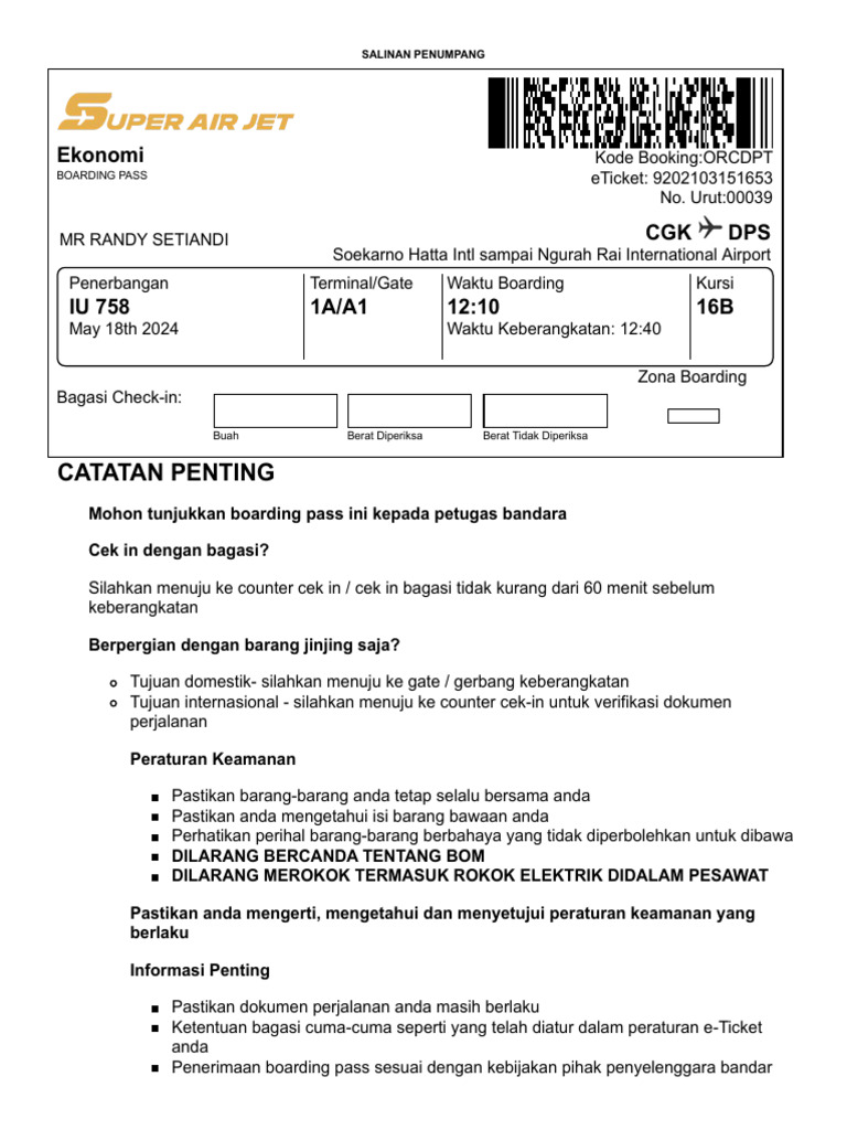 Contoh Tiket Penerbangan Pesawar | PDF