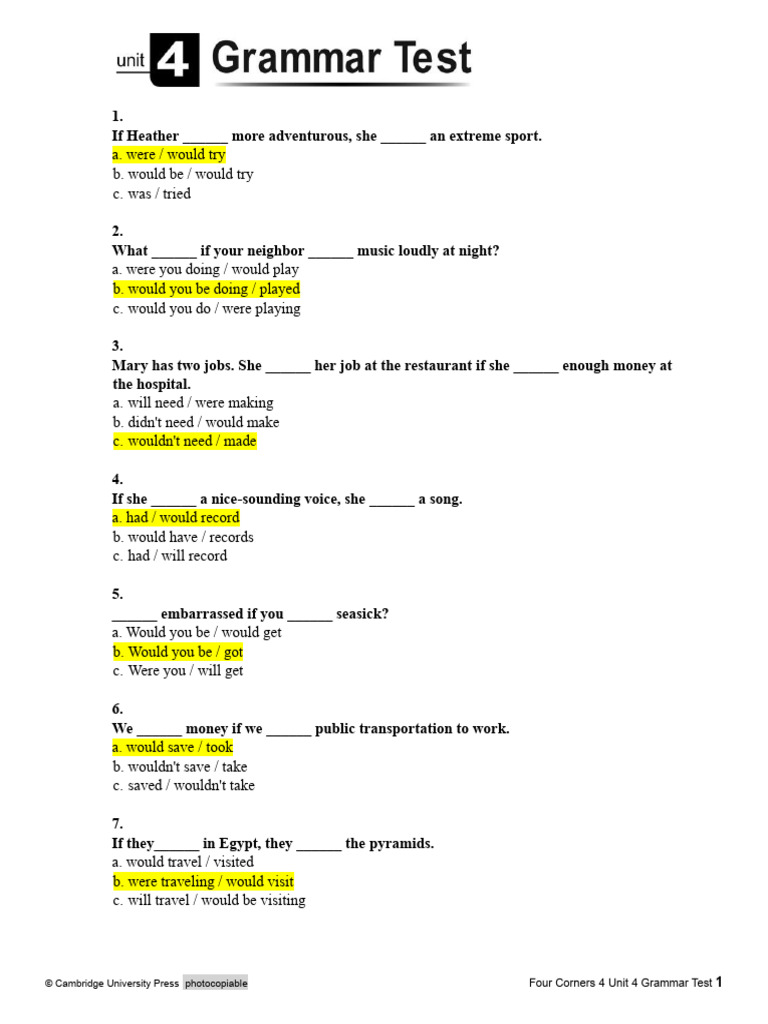 Four Corners 4 Unit 4 Grammar Test | PDF