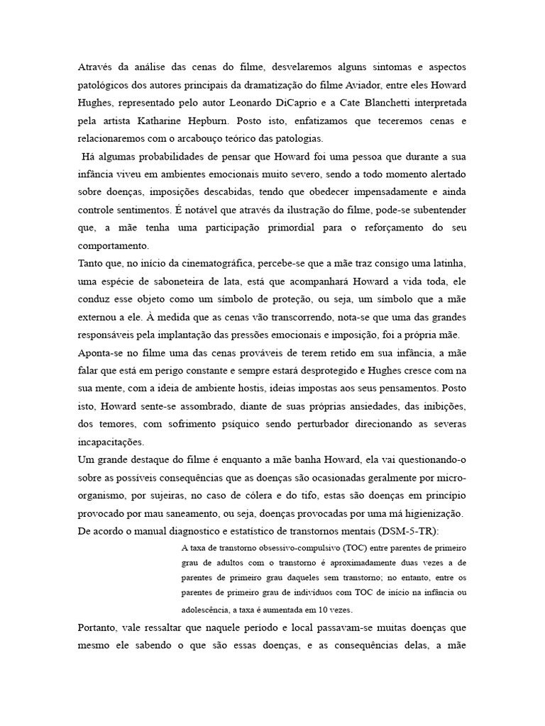 Analise Do Filme o AVIADOR | PDF | Transtorno obsessivo compulsivo (TOC) | Depressão