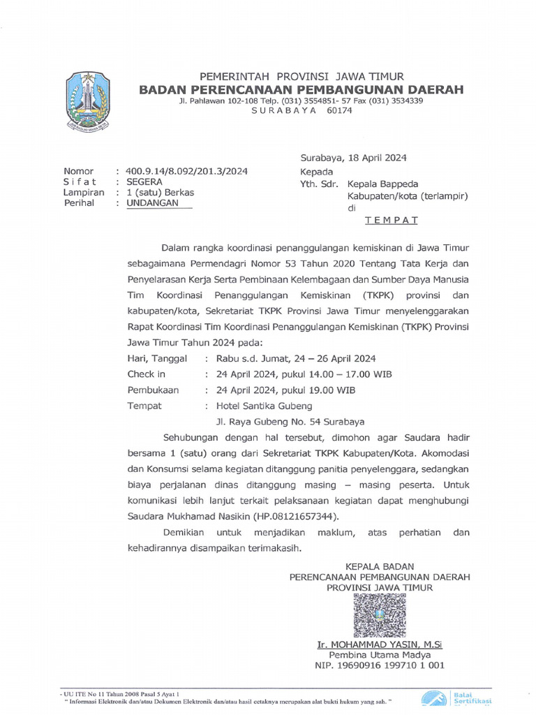 Surat Undangan Rakor TKPK Aril 2024 38 Kab Kota R3 | PDF