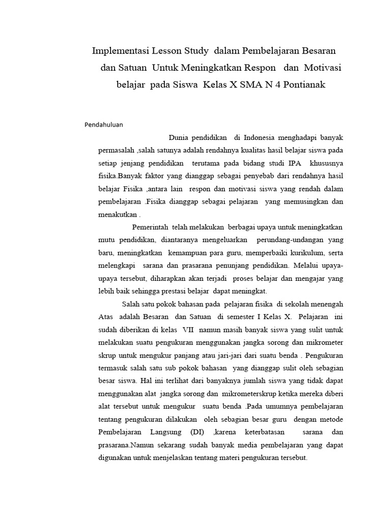 Implementasi Lesson Study Dalam Pembelajaran Besaran Dan Satuan Untuk Meningkatkan Respon Dan ...