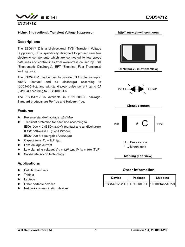 Will Semi ESD5471Z | Download Free PDF | Electrostatic Discharge | Electrical Engineering
