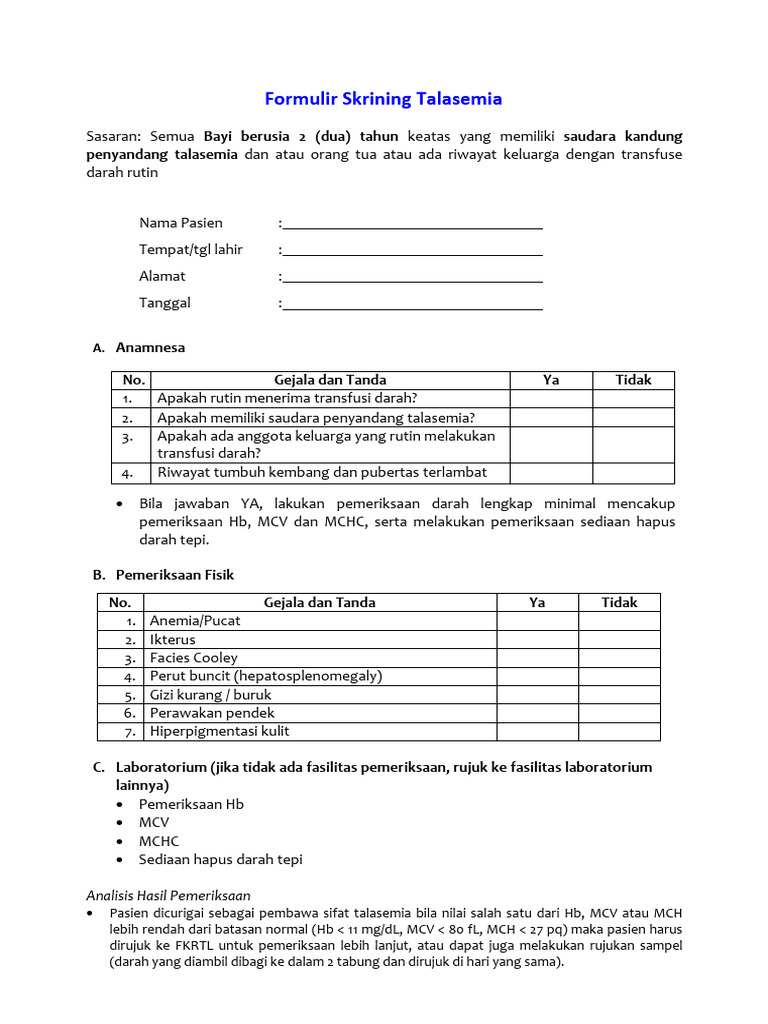 Form Skrining Talasemia | PDF | Sains & Matematika