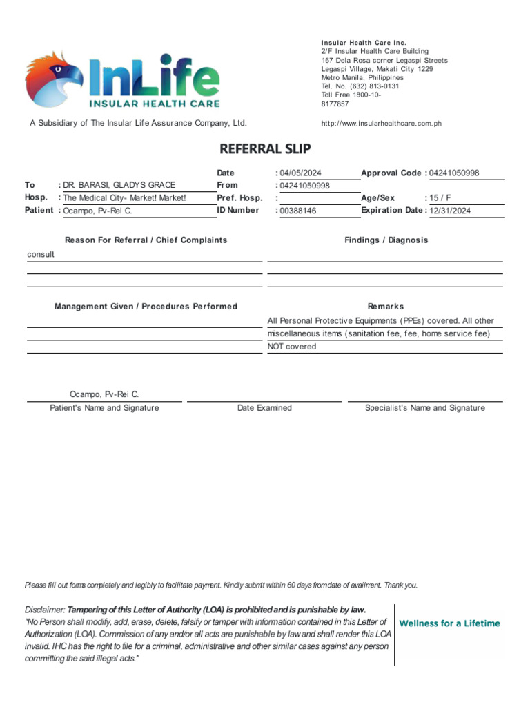 LOA Referral Slip | PDF | Medicine | Social Programs