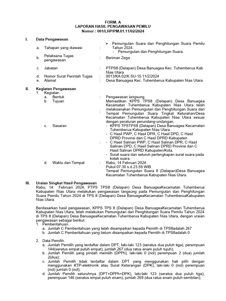 Contoh LHP Pengawas TPS | PDF