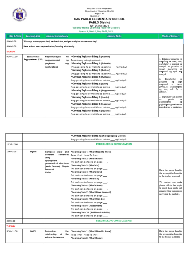 Grade 6 - All Subjects - WHLP - Q4 - W1 | PDF