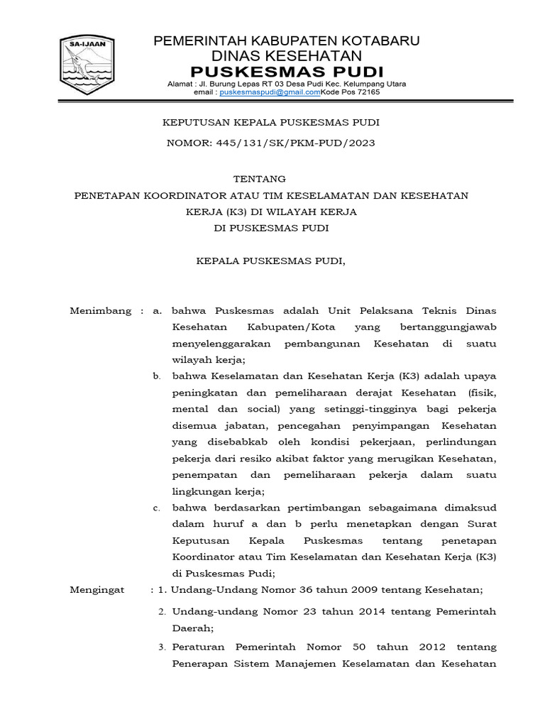 1.3.6.a.1 SK PENETAPAN KOORDINATOR ATAU TIM K3 | PDF