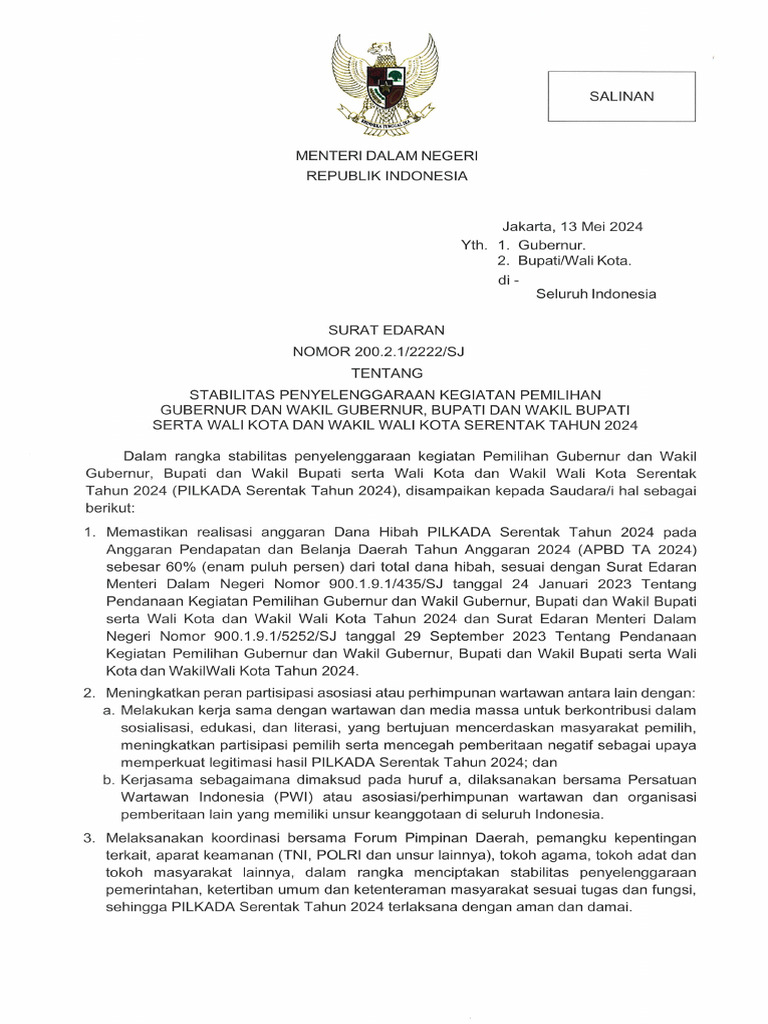 Salinan Surat Edaran Tentang Stabilitas Penyelenggaraan Pilkada | PDF