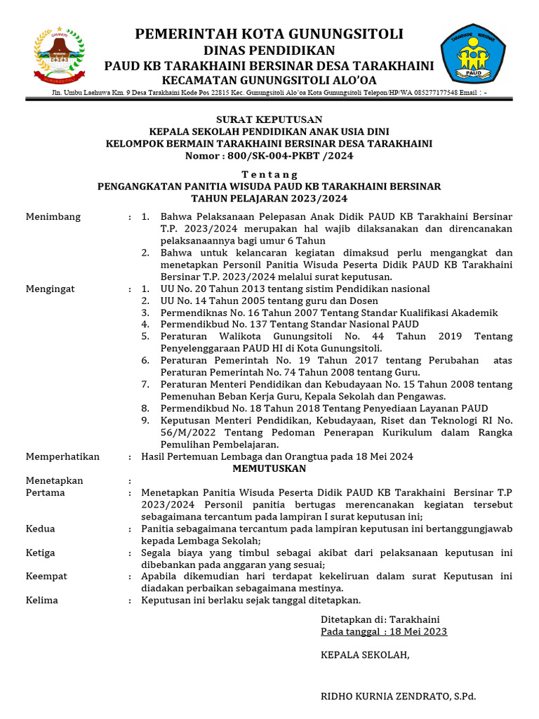 SK Panitia Wisuda Paud 2023 - 2024 | PDF