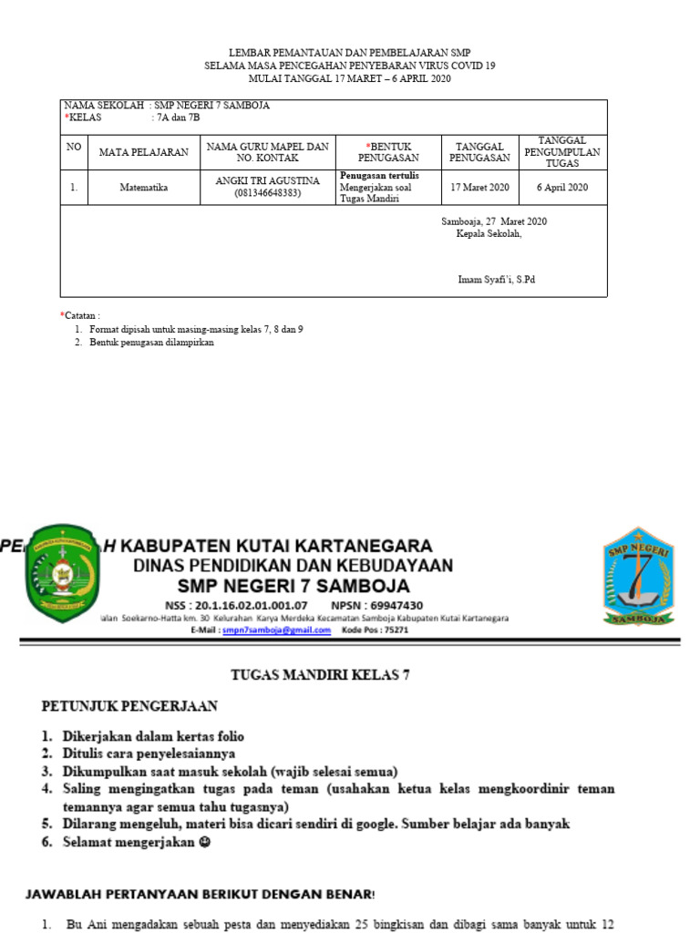 Lembar Penugasan Matematika ANGKI TRI AGUSTINA KELAS 7 | PDF