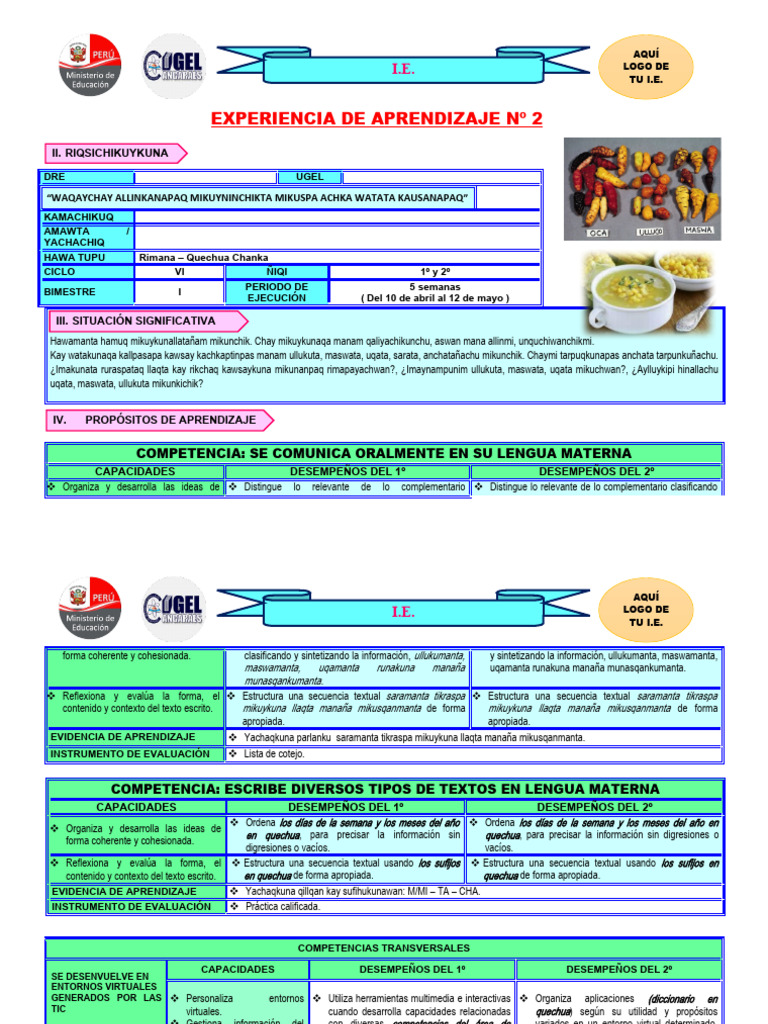 Experiencia de Aprendizaje #2 - Vi Ciclo - Lengua Originaria - Quechua Chanka | PDF ...
