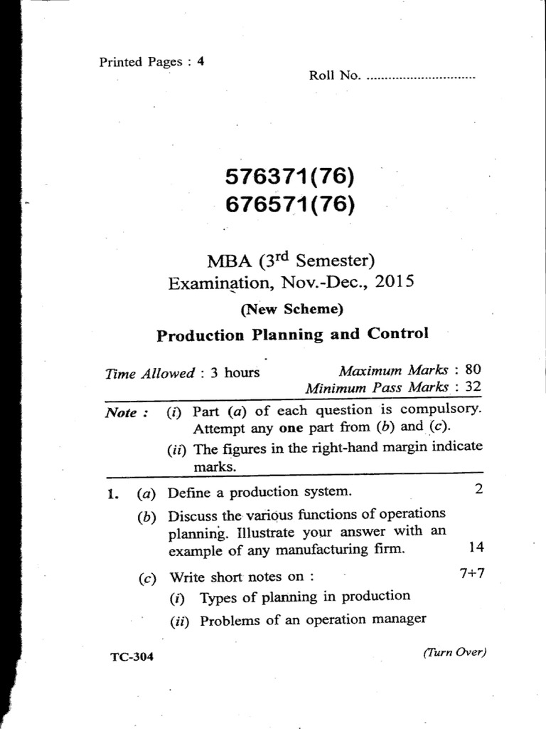 Mba 3 Sem Production Planning and Control 576371 Dec 2015 | PDF ...
