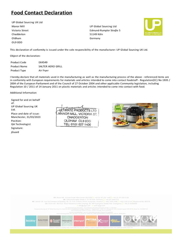 Food Contact Declaration for Air Fryer | PDF | Science & Mathematics