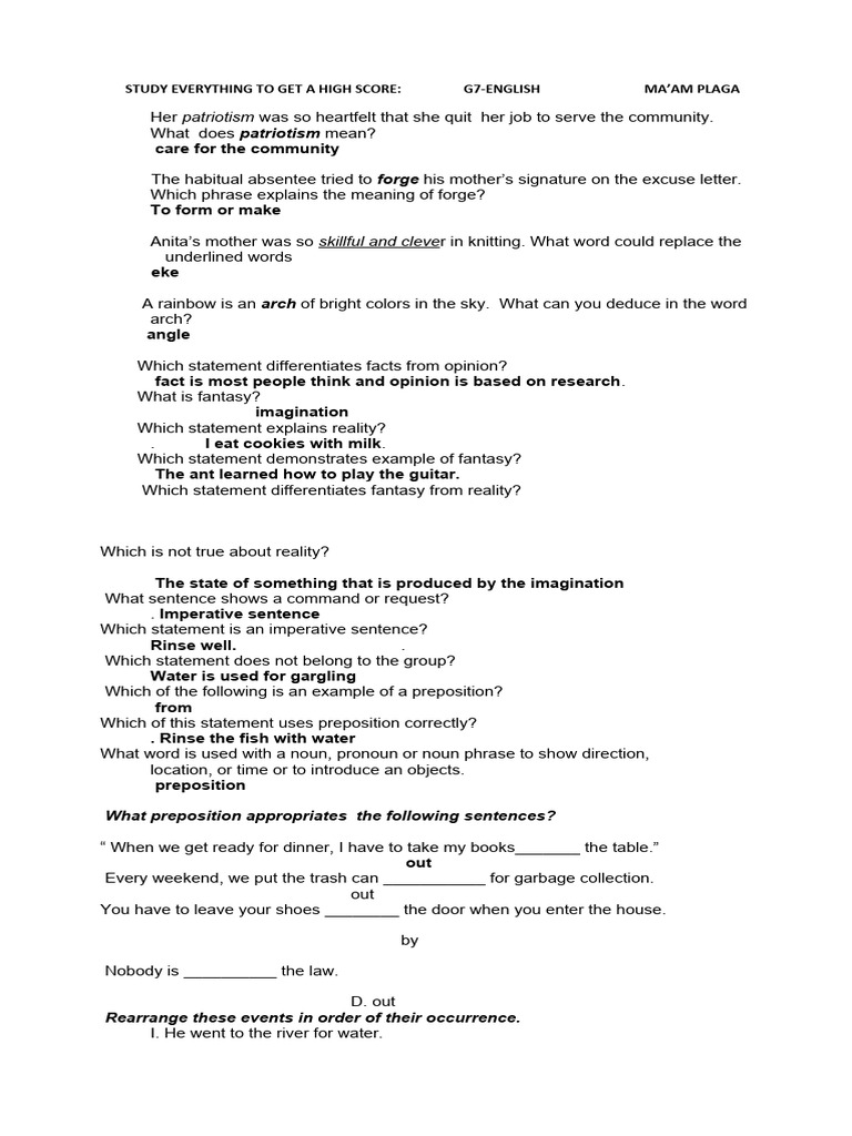 4th Quarter English 7 POINTERS | PDF | Preposition And Postposition | Syntax
