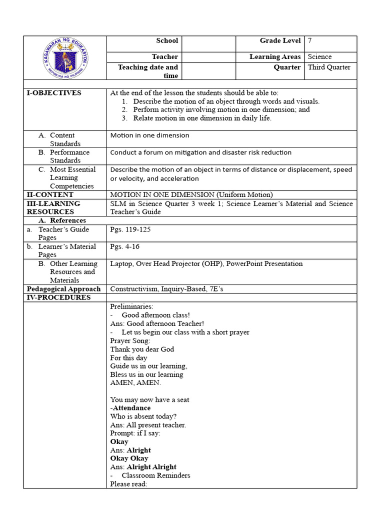 Daily Lesson Plan 7E | Download Free PDF | Velocity | Speed